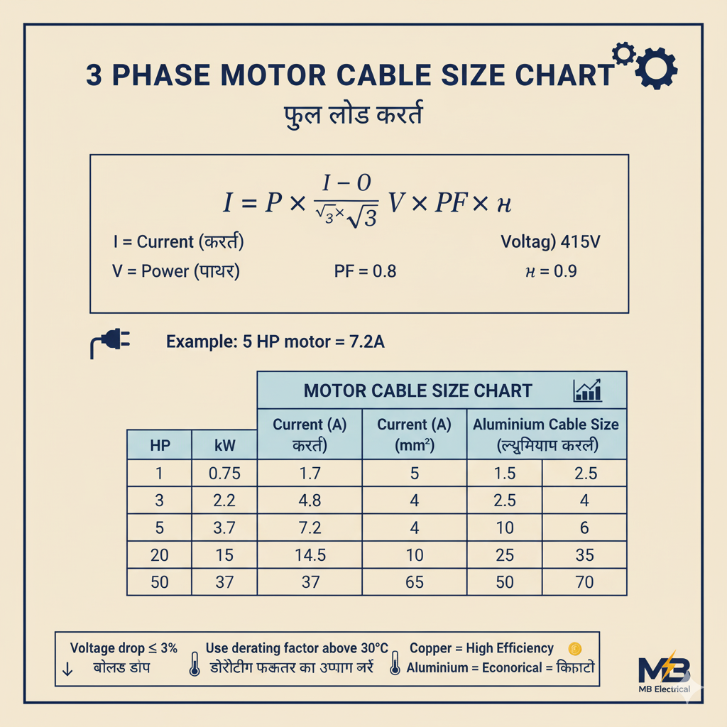 3 Phase Motor Cable Size Chart (Full Load Current & Power Table 2025)